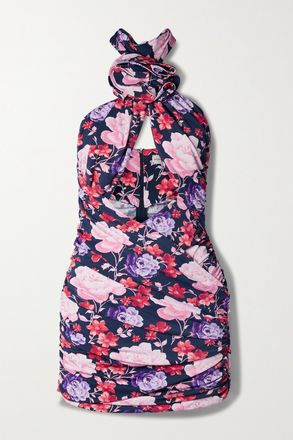 Magda Butrym Neckholder-minikleid Aus Gerafftem Stretch-jersey Mit Blumenprint, Cut-out Und Verzierung - Pink