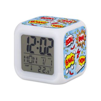 Fabulous Wecker, W&uuml;rfel, beleuchtet, Wei&szlig; - Bubbles Comics Comics Super Hero - 7,8 x 7,8 x 7,8 cm - Retro Beleuchtung Mehrfarbig LED