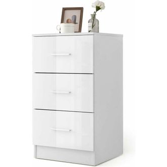 Costway Nachttisch mit 3 Schubladen, Hochglanz Nachtschrank, Nachtkommode f&uuml;r Boxspringbett, 37 x 34 x 66,5 cm, wei&szlig; - Costway