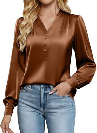 Generic Chemisier &agrave; manches longues pour femme grande taille - Chemisier en satin pour femme - Chemisier habill&eacute; &eacute;l&eacute;gant &agrave; col en V - Chemise fine et l&eacute;g&egrave;re -