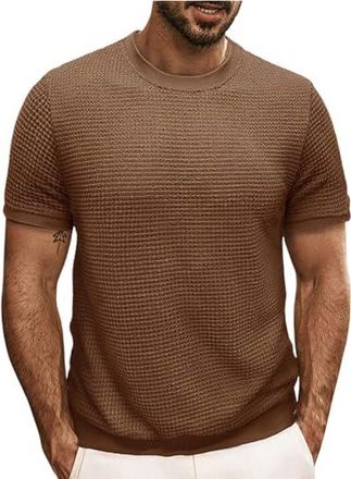 Generic T-shirt tricoté décontracté à manches courtes et col rond texturé pour homme, kaki, XXL