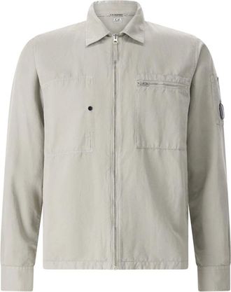 C.P. Company C.p. Company, Homme, Vestes, Vert, Taille: M Surchemise en coton et lin m&eacute;lang&eacute;s avec application logo