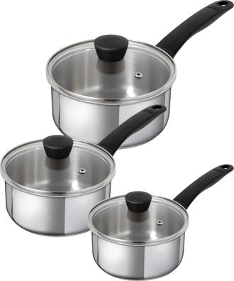Kuhn Rikon Classic Stielkasserollen Set 16/18/20 cm mit Glasdeckel, Edelstahl, für alle Herdarten inkl. Induktion, Stainless Steel