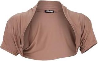 Easy Young Fashion 3009 Boléro à manches courtes pour femme - Élastique et moulant - Veste basique à épaules dénudées - Veste douce à lavant ouverte, marron clair, 34-40