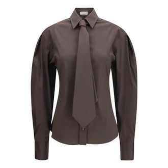 Brunello Cucinelli Chemise en m&eacute;lange de coton avec cravate - Femme - Blouses et Chemises - Brun - Taille: 42 FR
