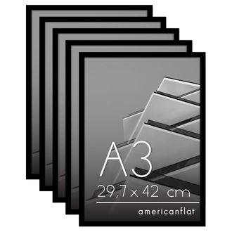 Americanflat Din A3 Bilderrahmen Set aus Kunststoff (5er Pack) - schmaler Fotorahmen mit poliertem Plexi-Scheibe - integrierte Aufh&auml;ngung f&uuml;r Hoch- und Querformat 