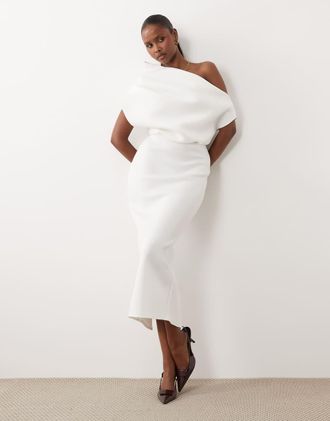 Asos Robe de mari&eacute;e mi-longue en imitation n&eacute;opr&egrave;ne avec encolure fantaisie - Blanc