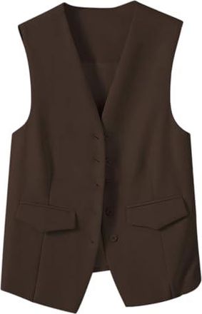 Minetom Gilets de Tailleur Femme Élégant Sans Manche Blazer Gilet de Costume Col V Affaires Travail Veste Waistcoat avec Boutons A Marron XXL