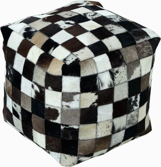Homescapes Leder Sitzwürfel 35x35 cm, Patchwork Pouf kariert, Würfel-Hocker braun-Creme-beige aus echtem Fell, Sitzsack Hocker Unikat