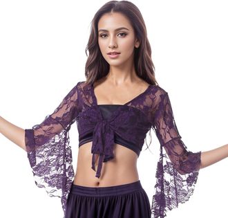 Generic Damen Spitzen Bolero Bauchtanz Oberteil Langarm J&auml;ckchen, Trompeten&auml;rmel Cardigan zum Binden, Karneval Fasching Kost&uuml;m Zubeh&ouml;r, Elegant Durchsichtig S