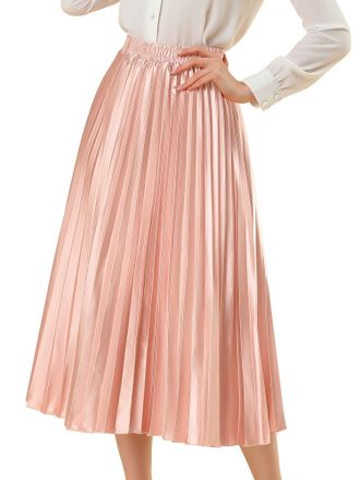 Allegra K Damen Hohe Taille A-Linie Elastisch Plissee Metallisch Party Faltenrock Maxirock Rock Rosa L