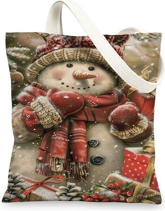 Generic Sacs fourre-tout en toile motif bonhomme de neige, sacs dépicerie réutilisables, confortables, doux et lavables avec bandoulière en toile F, Rouge, 13