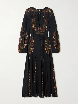 Farm Rio Berry Garden Midikleid Aus Crêpe De Chine Mit Blumenprint Und Bindegürtel - Schwarz