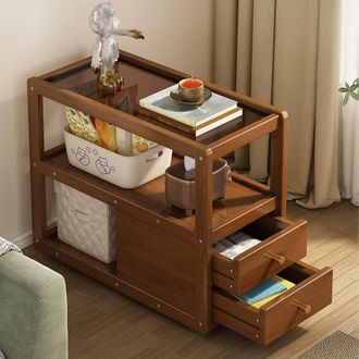 Generic &Uuml;Berbetttisch, Schmaler Beistelltisch Mit Schublade Und Drehbaren R&auml;Dern, Tischplatte Aus Geh&auml;Rtetem Glass for B&uuml;Cher, Wasserbecher, Aufbewahrungsboxe