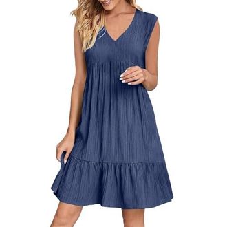 Generic Robe d&eacute;t&eacute; sans manches pour femme - Col en V - D&eacute;contract&eacute;e - Volants - Ligne A - Swing - 2025, Marine, XXL