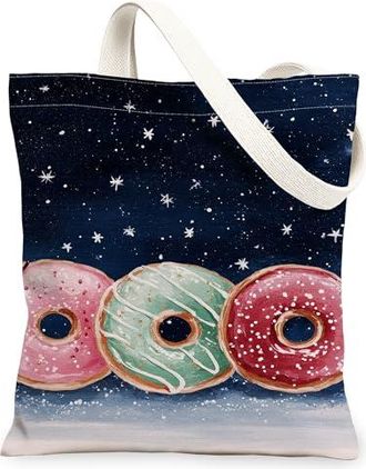 Generic Sacs fourre-tout en toile en forme de donut dhiver, motif dessert artistique, sacs d&eacute;picerie r&eacute;utilisables, vintage, l&eacute;gers et lavables, toile pour vo