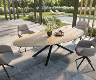 DELIFE Outdoortisch Edge Oval 280x130 cm Keramik Laminam Sabbia Eichefarbig Kreuzgestell Rechteck Schwarz, Esstische