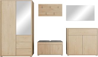 Mirjan24 Garderoben-Set Gesita V, Kleiderschrank, Schuhschrank, Kommode, Spiegel und Kleiderhakenbrett, 5 Kleiderhaken, Flurgarderobe, Schrank, Wandgarderobe (