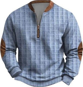 Generic Pull en tricot &eacute;pais pour homme avec fermeture &eacute;clair et manches longues imprim&eacute; sans col et sans capuche, bleu, XXL