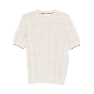 Brunello Cucinelli Homme, Pulls, Beige, Taille: M T-shirt en maille c&ocirc;tel&eacute;e