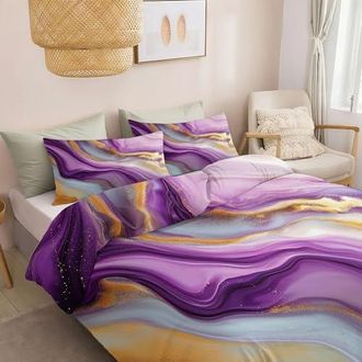 Generic Housse de Couette Imprimer Violet 140 x 200 cm, Parure de Lit R&eacute;versible Abstrait Marbre Rayures Housse de Couette Enfants Gar&ccedil;ons Filles Adolescents 