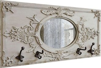 Loberon Garderobe B&eacute;atrice, mit Umrahmter Spiegelfl&auml;che, Romantisches Design, Shabby-Chic, mit Vier Garderobenhaken, Polyresin, Spiegelglas, antikbraun