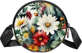 Generic Sac &agrave; bandouli&egrave;re rond pour femme, motif fleurs et feuilles, sac &agrave; dos avec fermeture &eacute;clair, bretelles r&eacute;glables, sac &agrave; main rond d&eacute;contract&eacute; pour fe