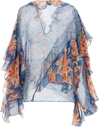 Etro Foliage and Floral Print Silk Chiffon Blouse - blue