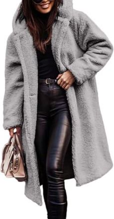 Onsoyours Veste Polaire Femme &agrave; Boutons &agrave; Capuche Manteau en Peluche Hiver Chaud D&eacute;contract&eacute;e Doux Ample Blouson A Gris XL