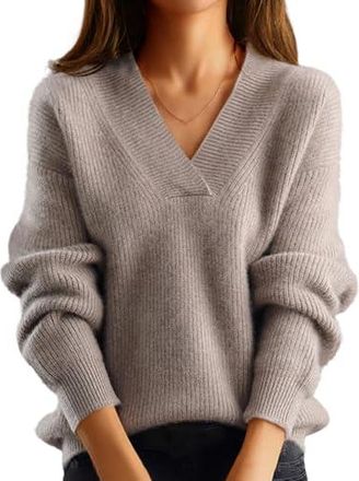 TOMWELL Pull Femme Chic Hiver Élégant Tricoté Col en V Pullover Sweater à Manches Longues Chandails Tricot Haut Casual Couleur Unie en Tricot Pulls A Kaki S