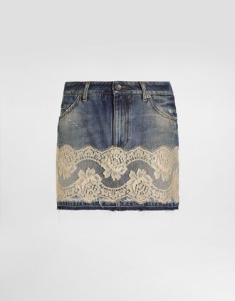 Dolce & Gabbana Denim Skirt With Lace - Frau Denim Mehrfarbig 42