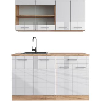 Vicco Singlek&uuml;che R-Line, Wei&szlig; Hochglanz/Goldkraft Eiche, 140 cm, ap Eiche