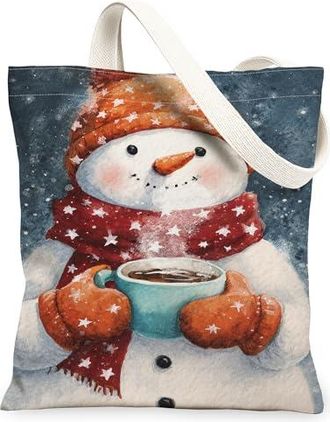 Generic Sacs fourre-tout en toile motif bonhomme de neige mignon, sacs de courses r&eacute;utilisables, style festif confortable, l&eacute;ger et lavable pour courses, voya