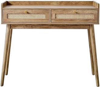 Calicosy Console dEntr&eacute;e 2 Tiroirs - Fa&ccedil;ades en Rotin Naturel et Boutons Dor&eacute;s - Pieds en Bois D&eacute;cor Ch&ecirc;ne - Collection Palmo - Salon, Entr&eacute;e - L 100 x P 35 x 