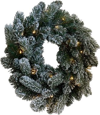 Loberon Kranz Regin, Naturnahes Design, mit Schnee-Optik, Integrierte Lichterkette mit 20 LEDs, Weihnachtsdeko, Türkranz, Kunststoff, Eisendraht, grün/weiß