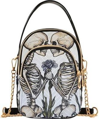 Mnsruu Sac à bandoulière pour femme - Motif squelettes amusants - Tête de mort - Roses - Sac à dos à bandoulière avec sangle réglable