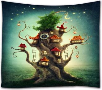 A.Monamour Wandteppiche Zauberbaumhaus Auf Der Wiese Zauberwald M&auml;rchenszene Sternenhimmel Stoff Wandteppich Wanddekoration Wandbeh&auml;nge F&uuml;r Schlafzimmer Wohnzimm