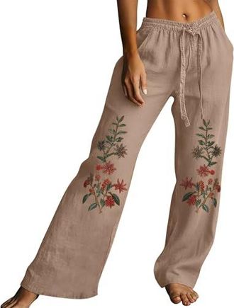 Generic Pantalon long en lin pour femme - Broderie florale - Pantalon en tissu d&eacute;contract&eacute; l&eacute;ger et a&eacute;r&eacute; - Taille &eacute;lastique - Pantalon de loisirs - D&eacute;contract