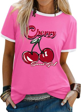 Dresswel Tshirt Damen Sweet Girl Cherry Druck Kurzarm T-Shirt Sommer Oberteile Tops Rundhals Bedruckte L&auml;ssig Tee Shirts