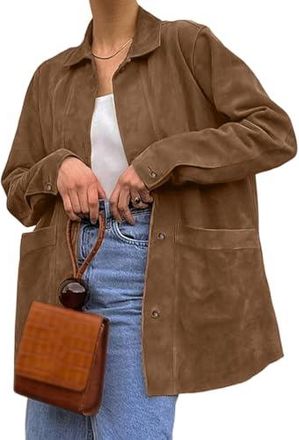 ORANDESIGNE Veste en Cuir PU Femme Rétro Courte Veste en Faux Daim Blazer à Manches Longues avec Poches Automne Manteau de Travail à Boutonnage Unique D Marron L