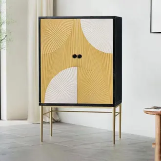 M&S Collection M&s - Buffet haut 2 portes 80x40x145cm en bois de pin et métal jaune et noir