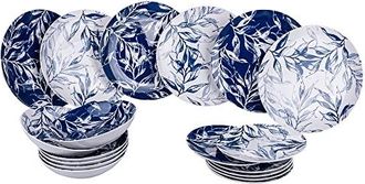Villa D'Este Home Tivoli Tellerservice 18-teilig aus Porzellan, 6 Pl&auml;tzchen in 2 verschiedenen Farben, Forest Leaf Blue