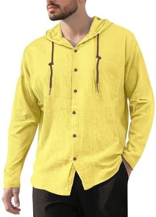 Generic Chemise en lin &agrave; capuche pour homme - T-shirt surdimensionn&eacute; en coton - T-shirt dentra&icirc;nement &agrave; boutons - T-shirt &agrave; manches longues d&eacute;contract&eacute; - Coup