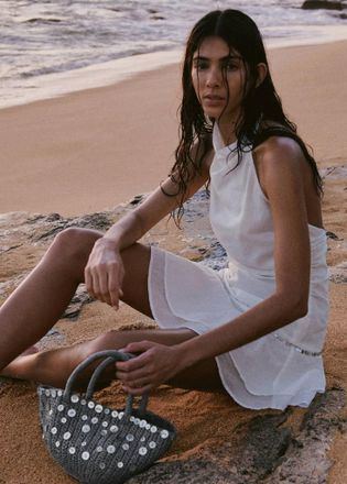 Mango Sac &agrave; main en fibre naturelle avec boutons gris clair/pastel - Femme - Taille unique - MANGO