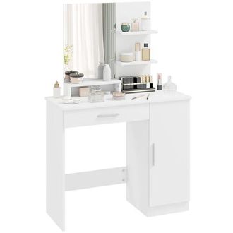 HOMCOM Table de Maquillage avec Miroir, Station de Maquillage avec tiroir, Armoire, étagères Ouvertes et étagère réglable, Table de Toilette pour Chambre à C