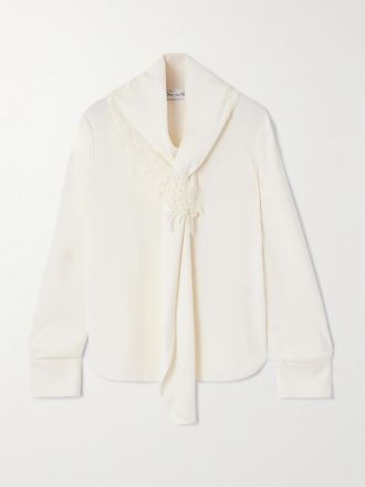 Oscar De La Renta Blouse En Georgette De Soie Mélangée À Finitions En Dentelle À Liens - Ivoire
