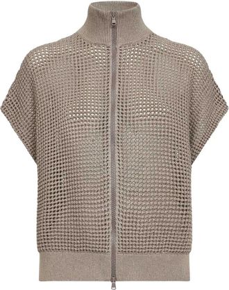 Brunello Cucinelli Femme, Pulls, Beige, Taille: 40 FR Cardigan en maille ajour&eacute;e orn&eacute; de sequins