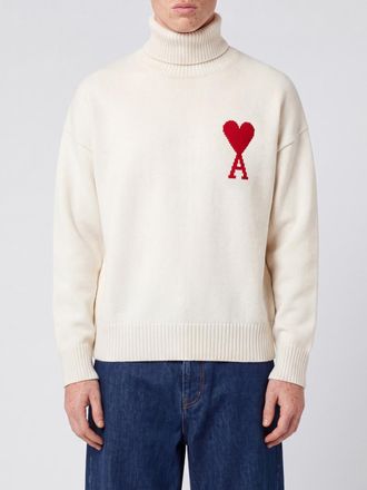 Ami Pull col roul&eacute; en laine avec logo jacquard et &eacute;paules tombantes