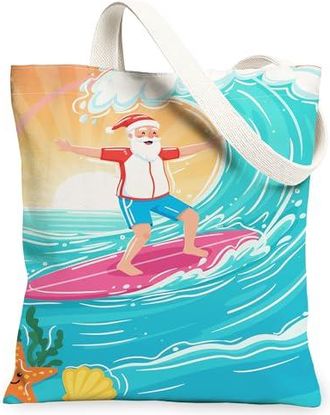 Generic Sac fourre-tout en toile motif P&egrave;re No&euml;l Surf - R&eacute;utilisable - L&eacute;ger - Lavable - Bandouli&egrave;re, bleu, 13x15 Inch