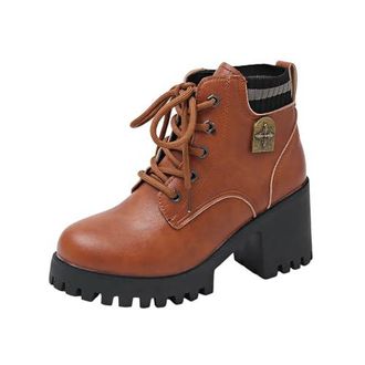 Generic Bottines de motard confortables et élégantes pour femme - Bout rond - Col tricoté de couleur unie - Cuir synthétique - À lacets - Pour fêtes et bureau